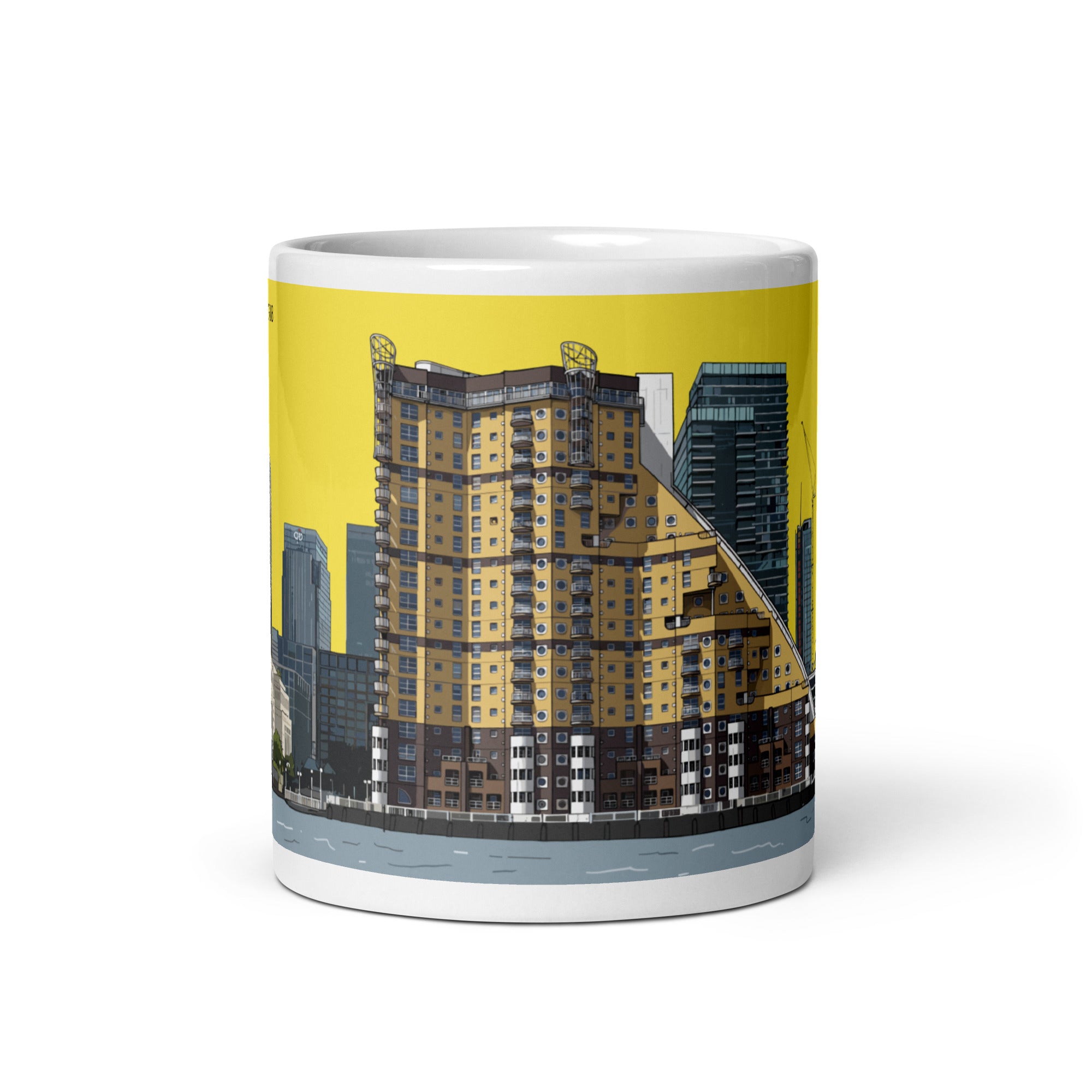 Cascades Yellow Background Mugs | CZWG Design | London Docklands Icon ...