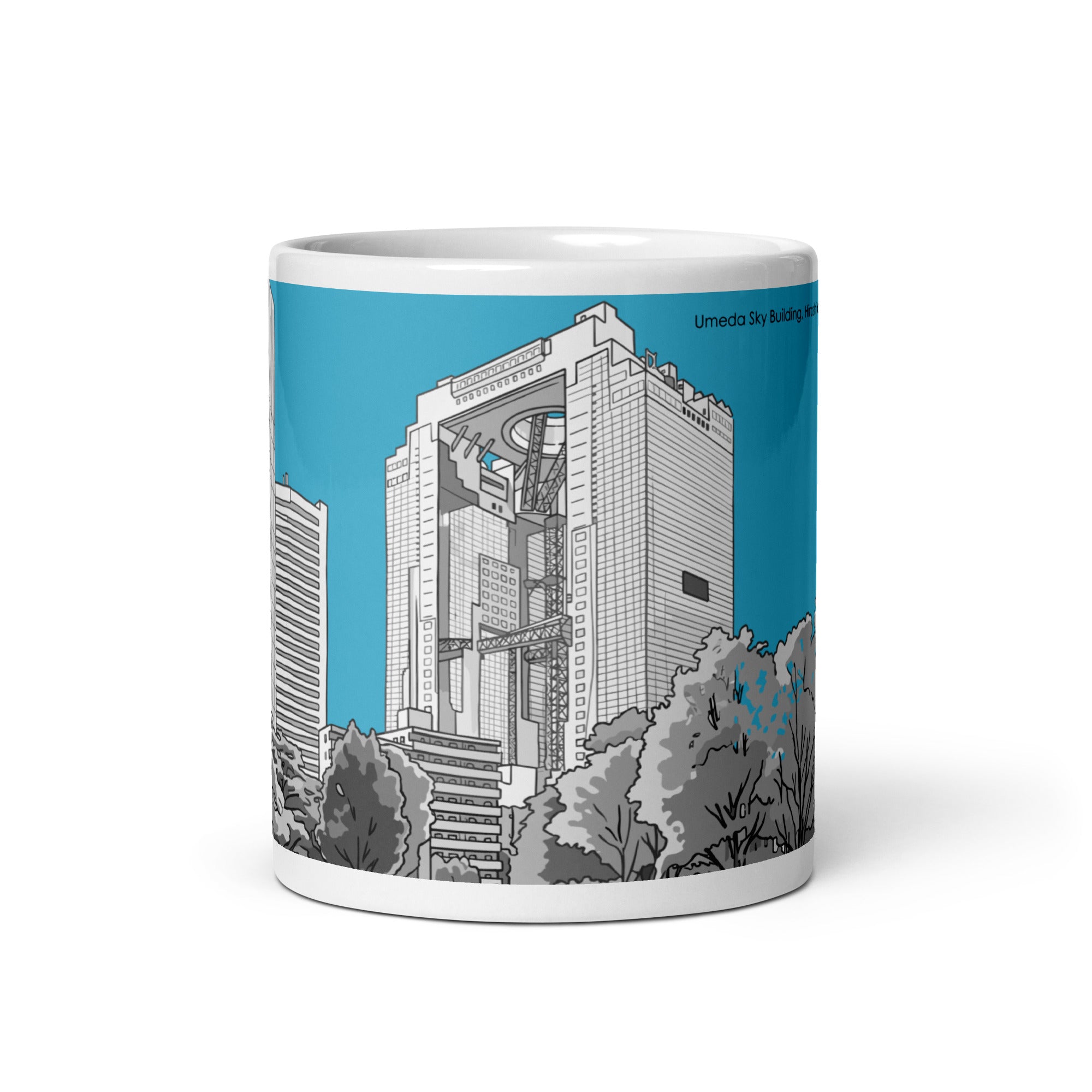 Umeda Sky Building Black & White Illustration Blue Background Mugs