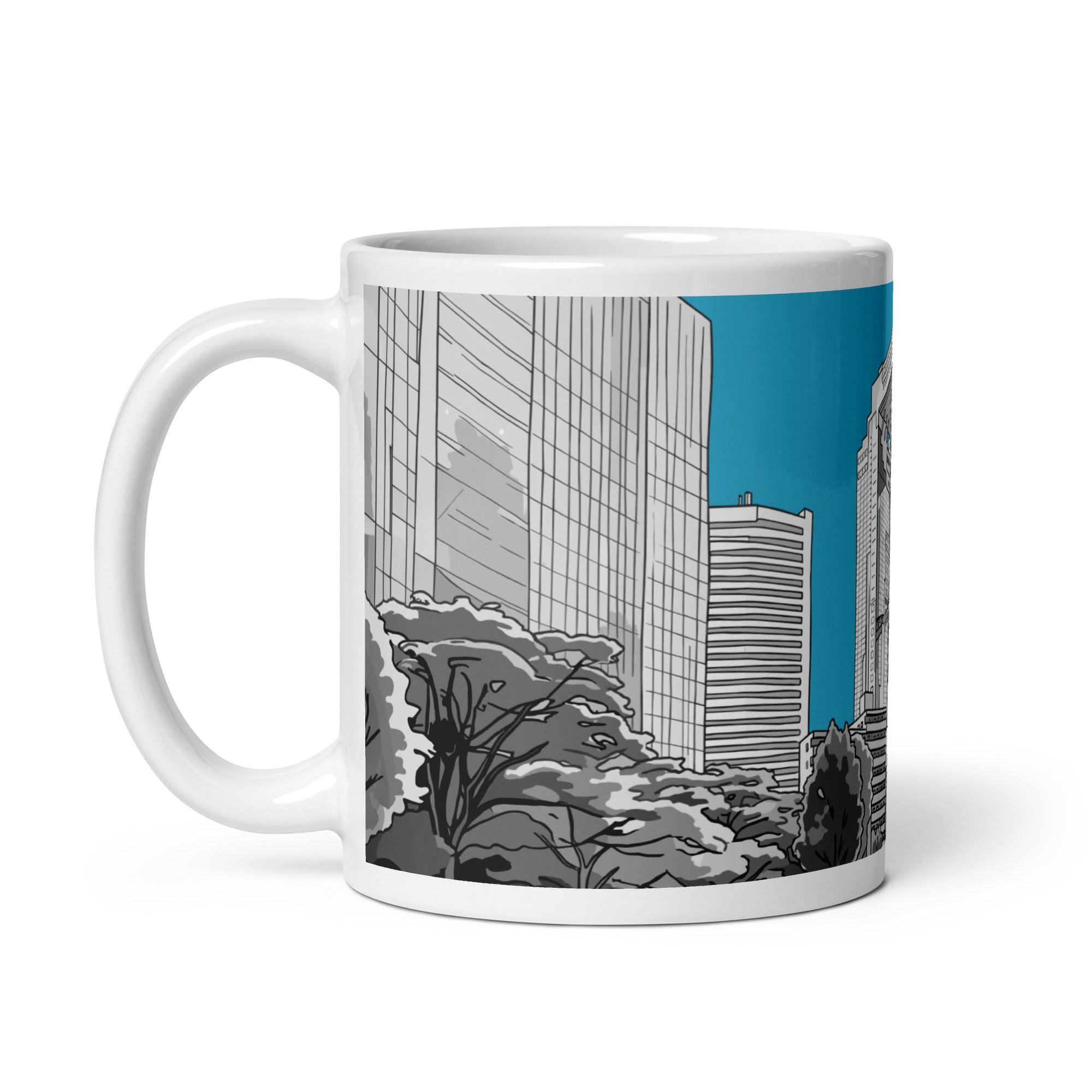 Umeda Sky Building Black & White Illustration Blue Background Mugs
